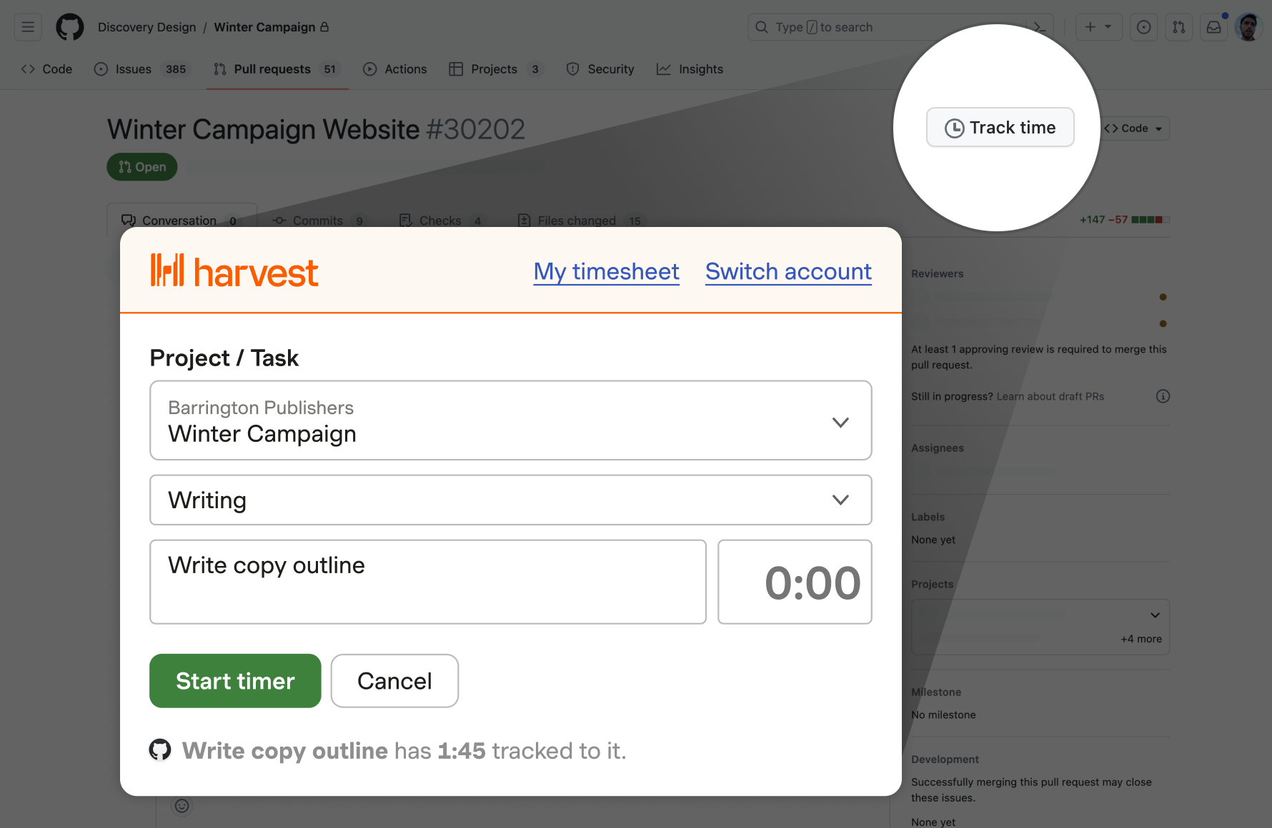 GitHub Time Tracking Integration - Harvest