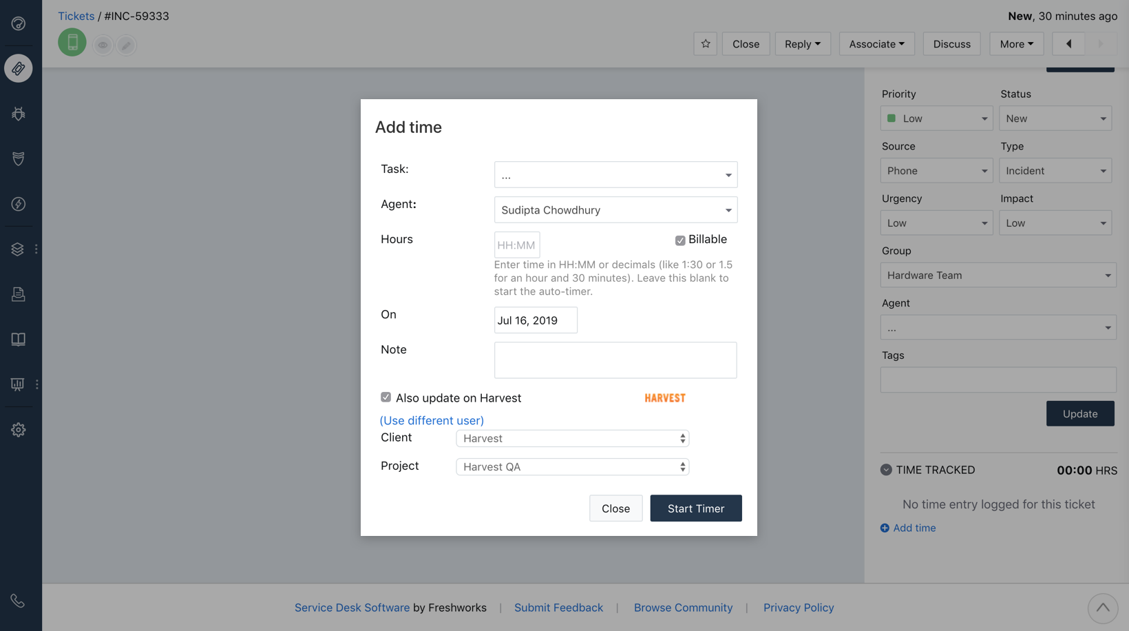 Freshservice Time Tracking Integration - Harvest
